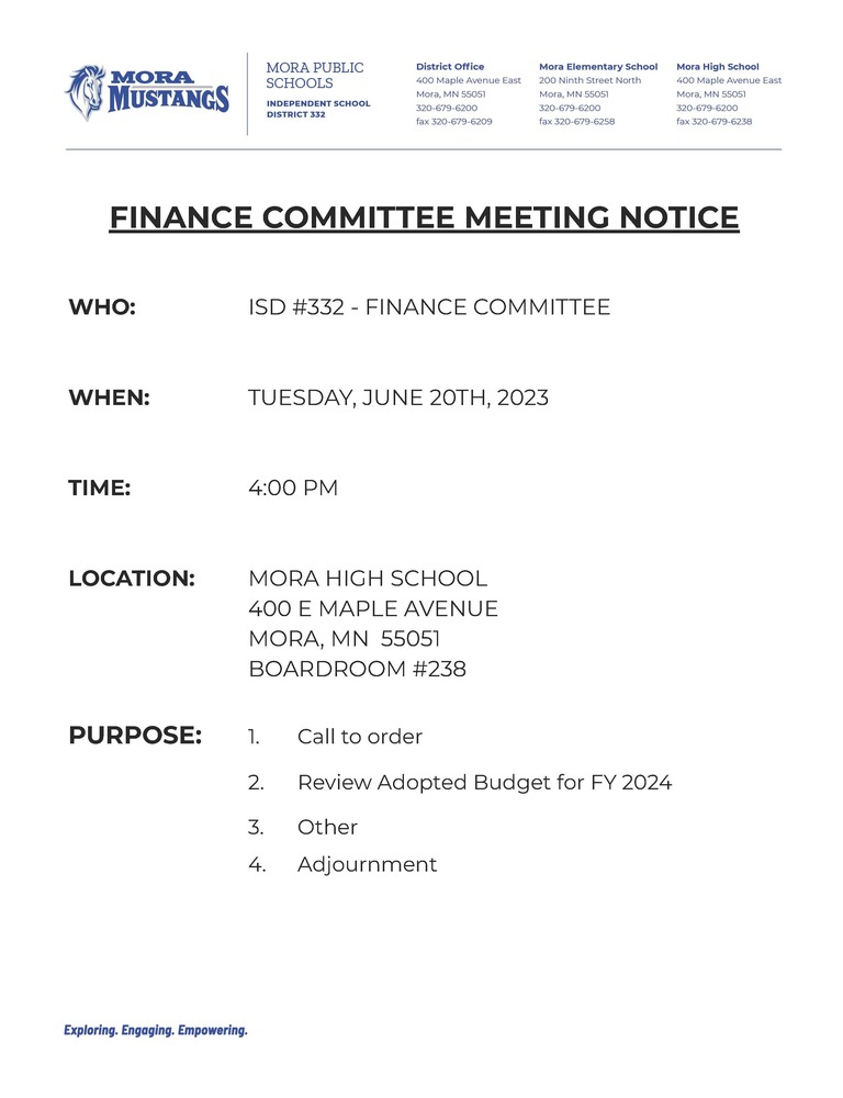 Finance Committee Meeting 06-20-2023 | Mora Public Schools