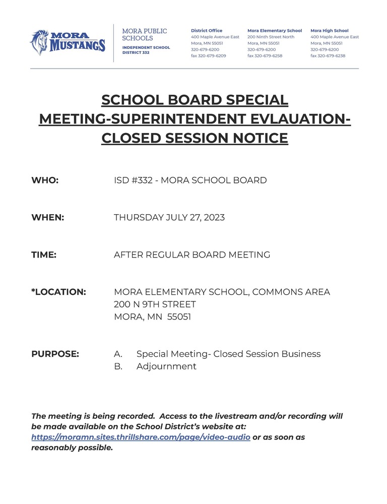 Special Meeting Notice | Mora Public Schools